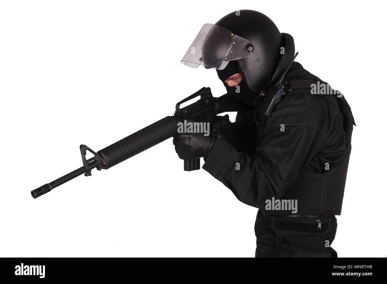 SWAT officer in black uniform isolated on white Stock Photo - Alamy