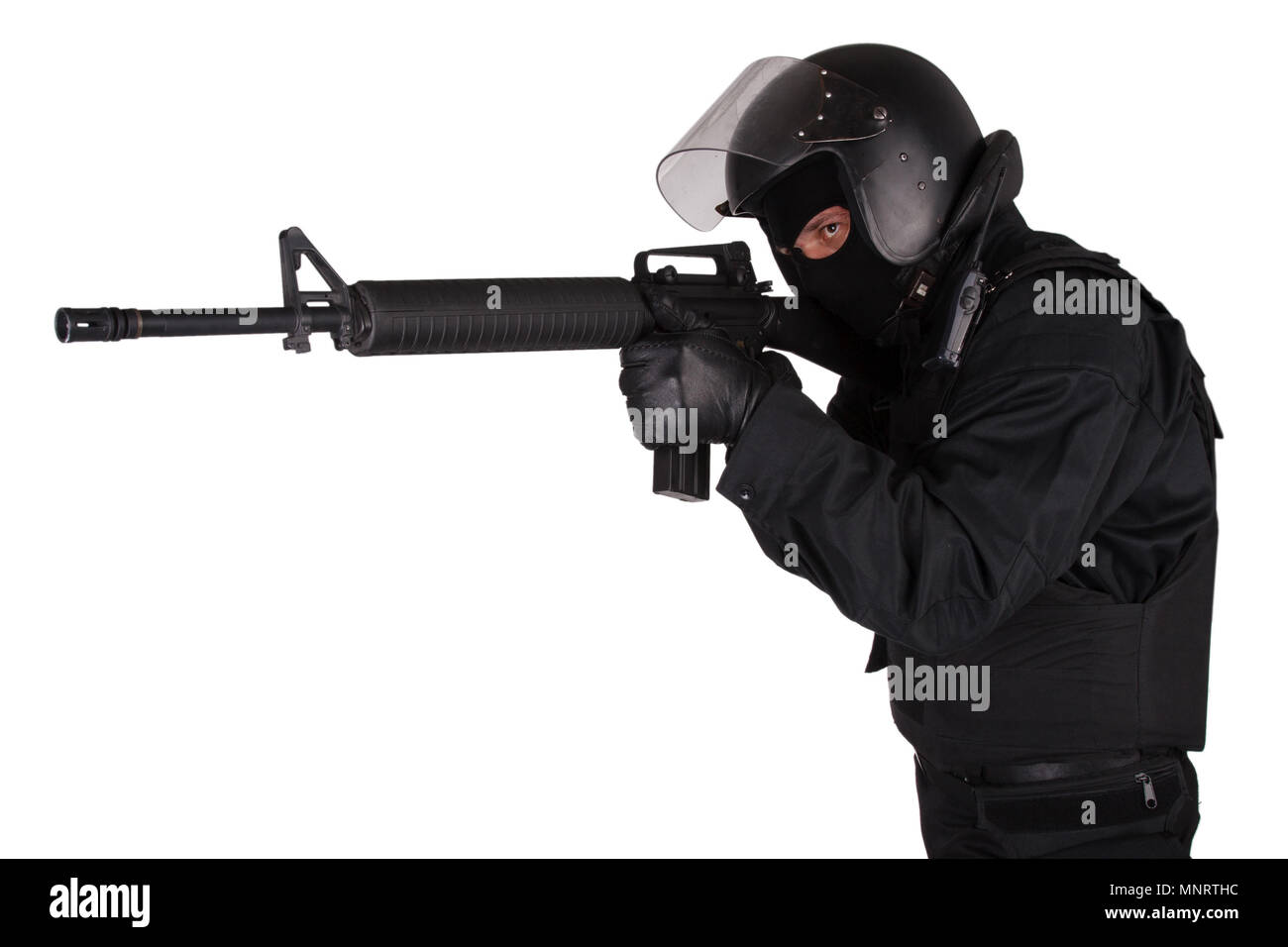SWAT officer in black uniform isolated on white Stock Photo - Alamy