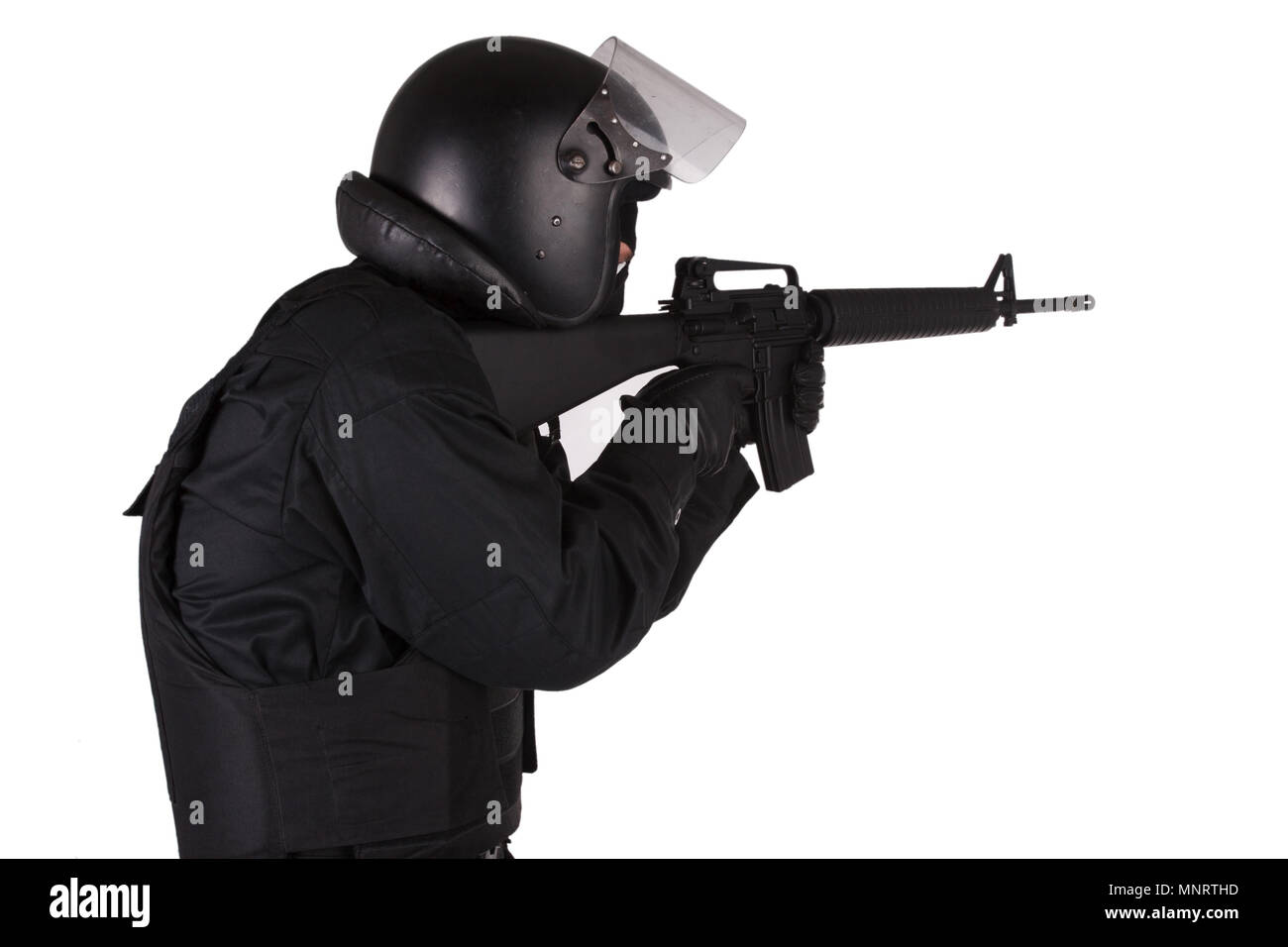 SWAT officer in black uniform isolated on white Stock Photo - Alamy