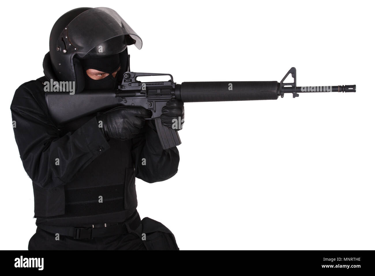 SWAT officer in black uniform isolated on white Stock Photo - Alamy