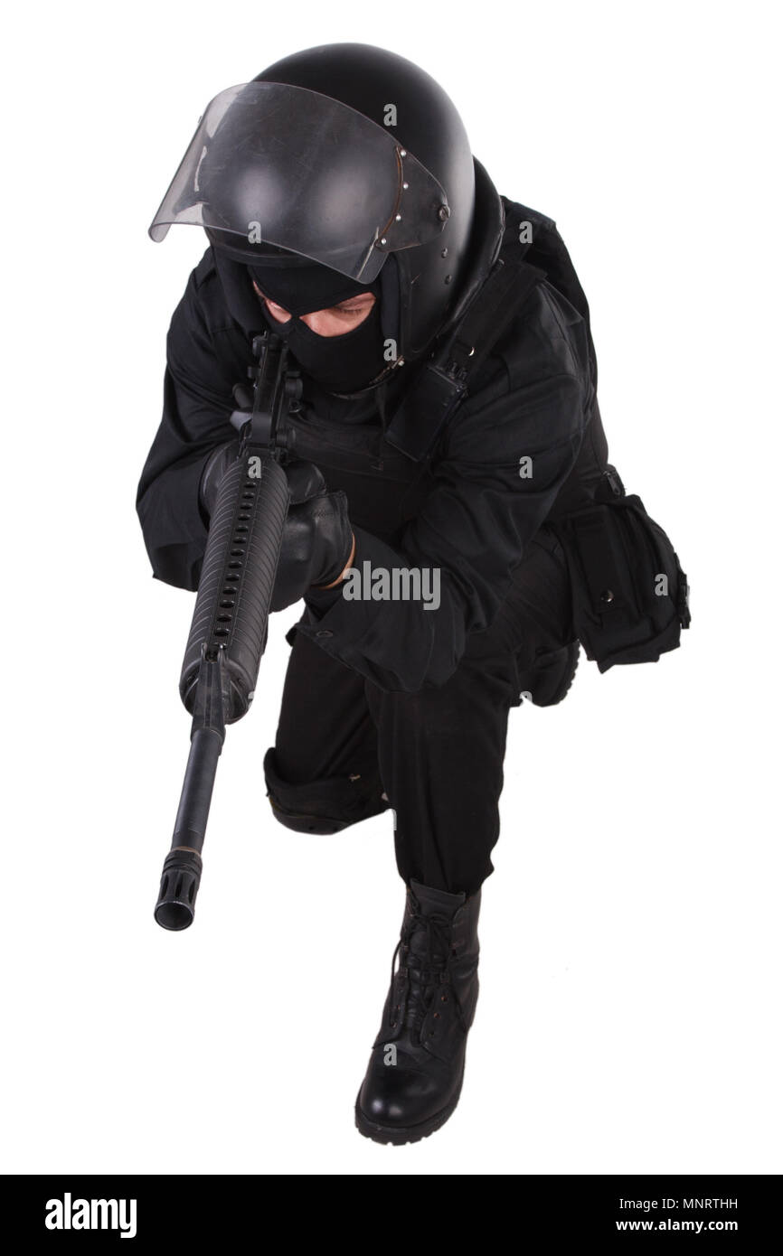 SWAT officer in black uniform isolated on white Stock Photo - Alamy
