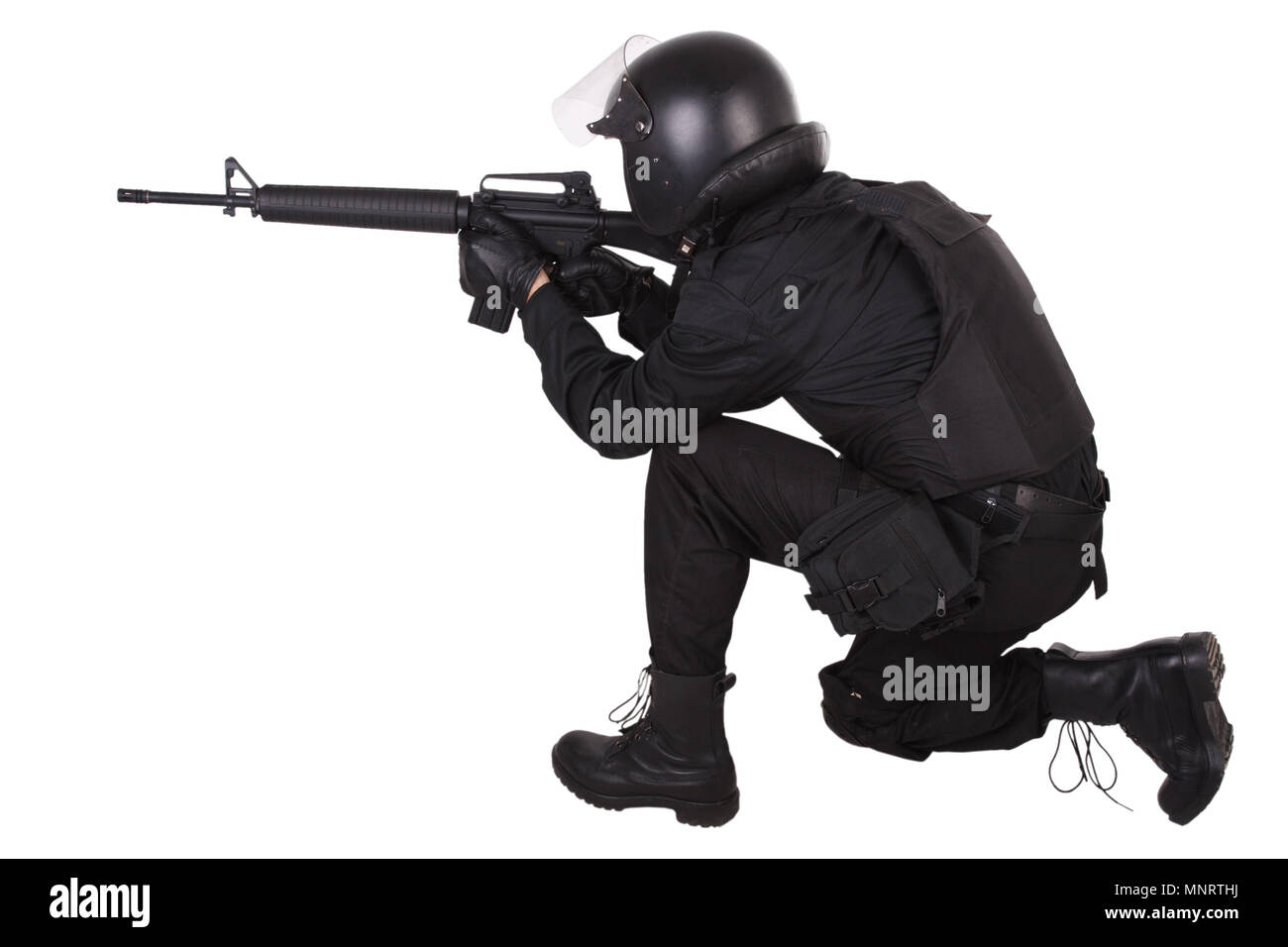 SWAT officer in black uniform isolated on white Stock Photo - Alamy