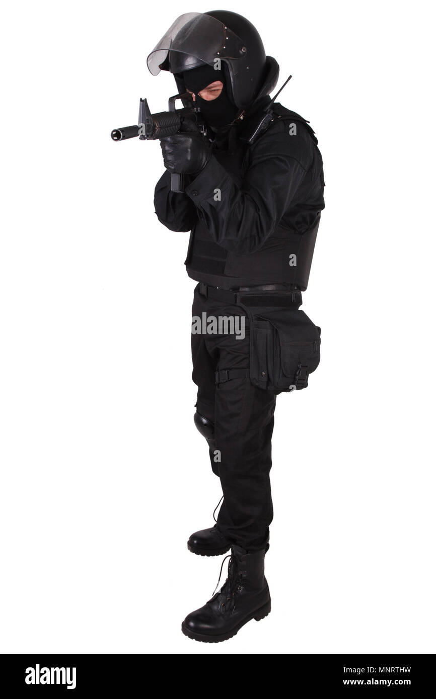 SWAT officer in black uniform isolated on white Stock Photo - Alamy