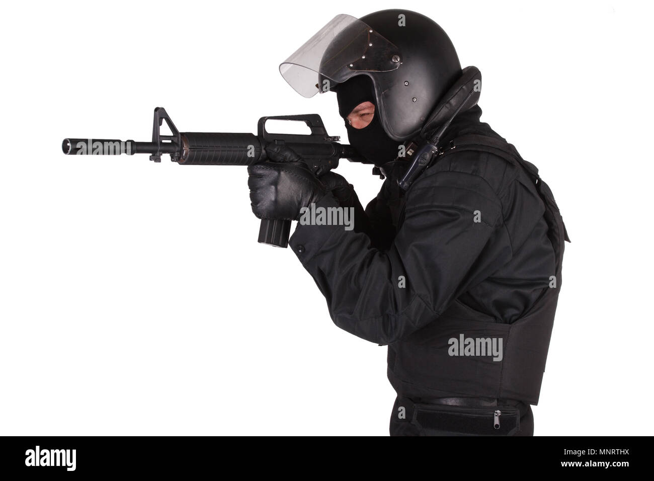 SWAT officer in black uniform isolated on white Stock Photo - Alamy