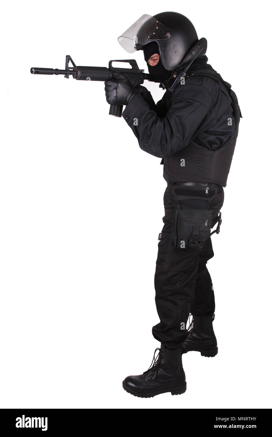SWAT officer in black uniform isolated on white Stock Photo - Alamy