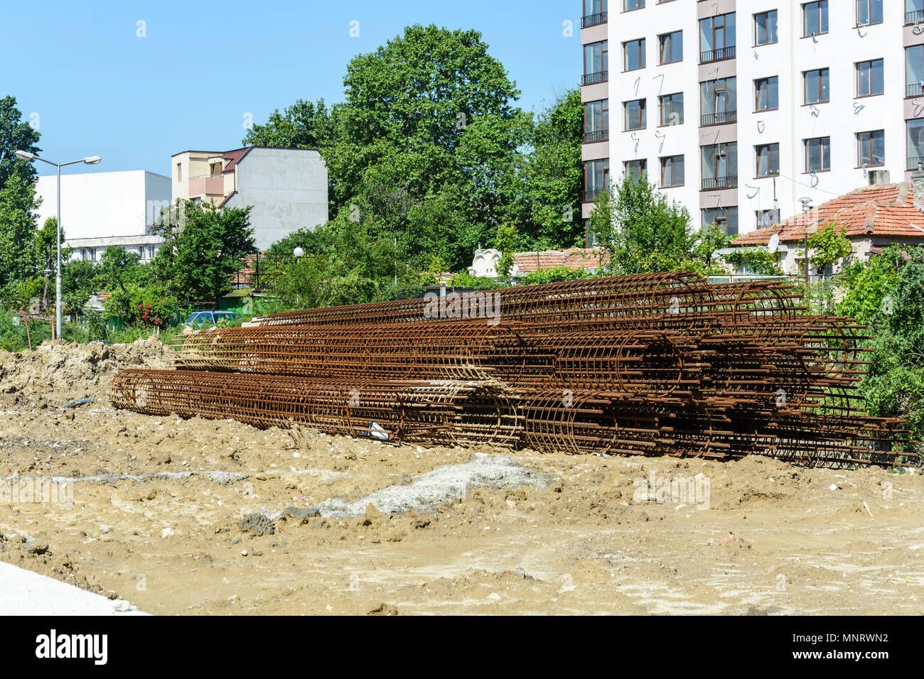 round cage stack of rebar reinforcement on a field Stock Photo - Alamy