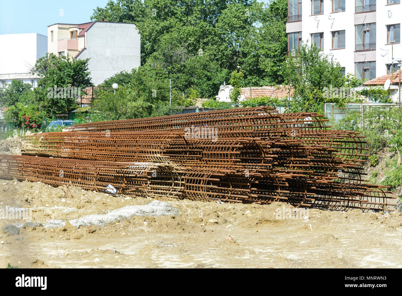 round cage stack of rebar reinforcement on a field Stock Photo - Alamy