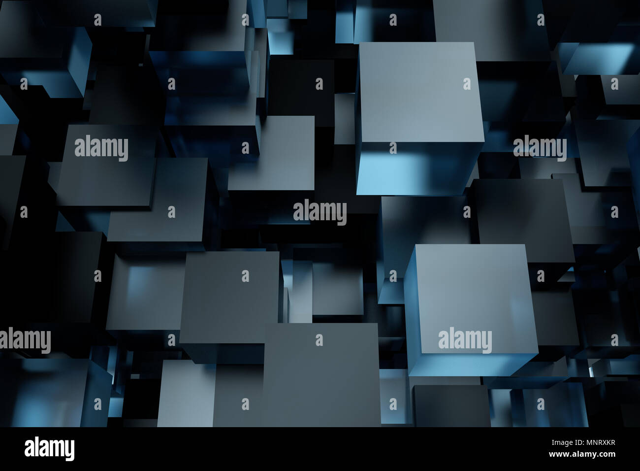 Abstract 3d rendering of chaotic cubes. Flying shapes in empty space. Futuristic background ...