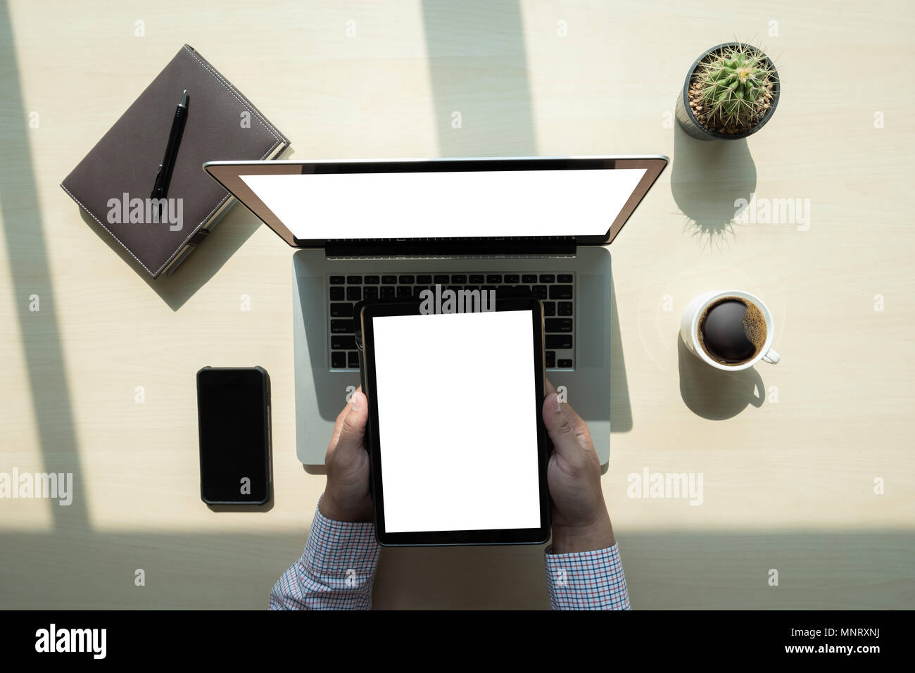 Overhead View top view man Working Desk Concept Stock Photo - Alamy