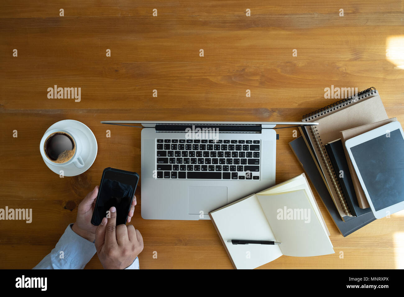 Overhead View top view man Working Desk Concept Stock Photo - Alamy