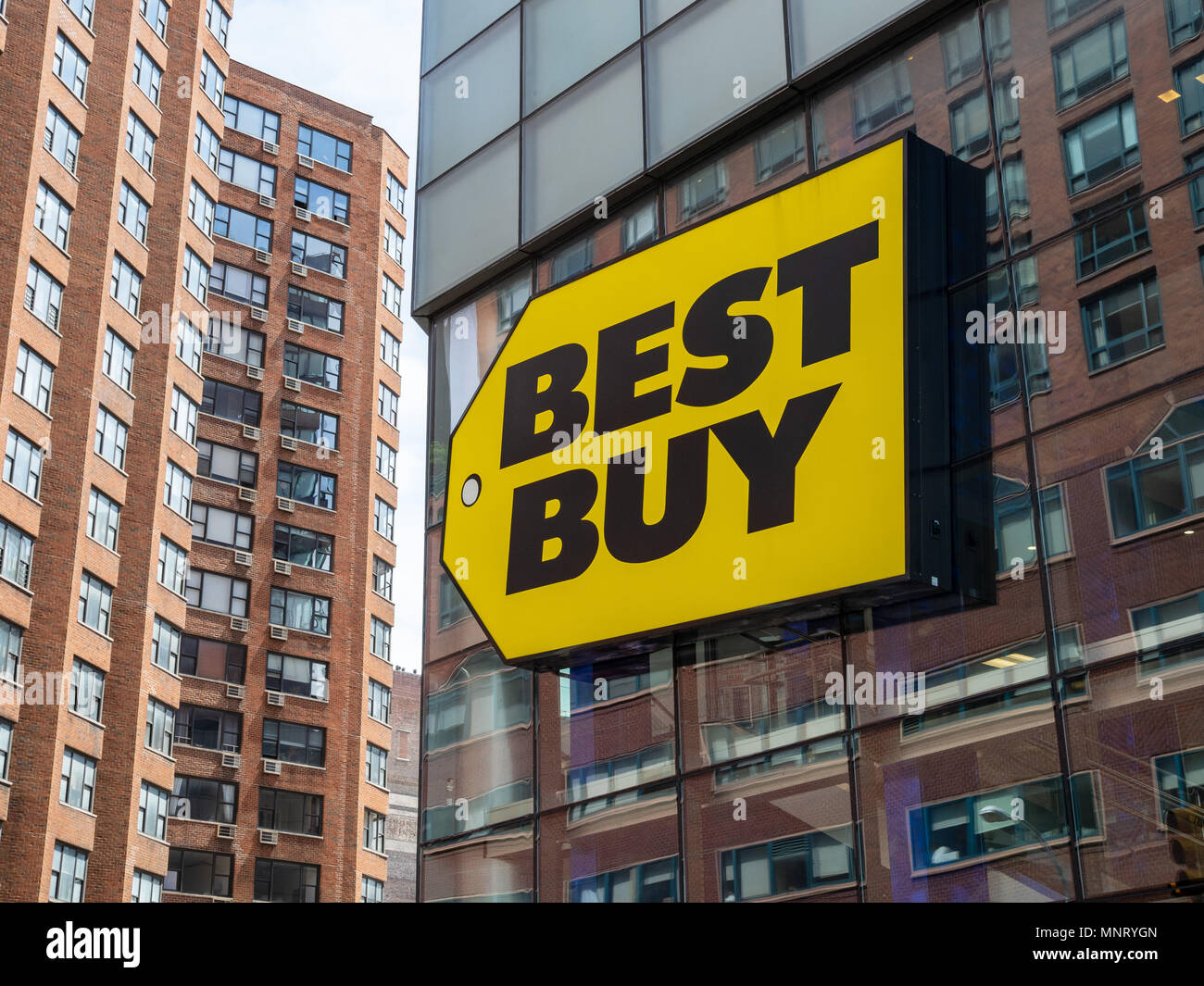 NEW YORK, NY – May 11, 2018: Best Buy logo sign hanging outside store ...