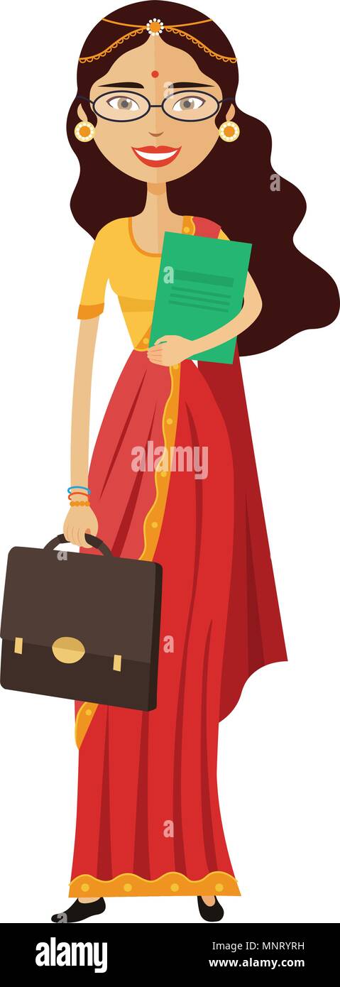 Indian banker or worker lady with glasses and briefcase flat cartoon ...