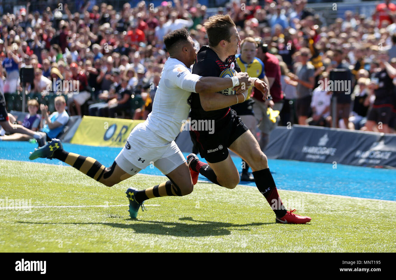 Saracens' Chris Wyles (right) scores their third try during the Aviva ...