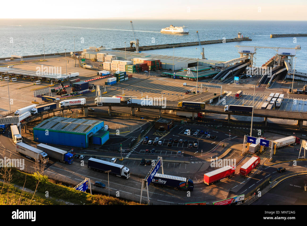 England, Dover harbour. HGVs and trucks heading towards passport ...
