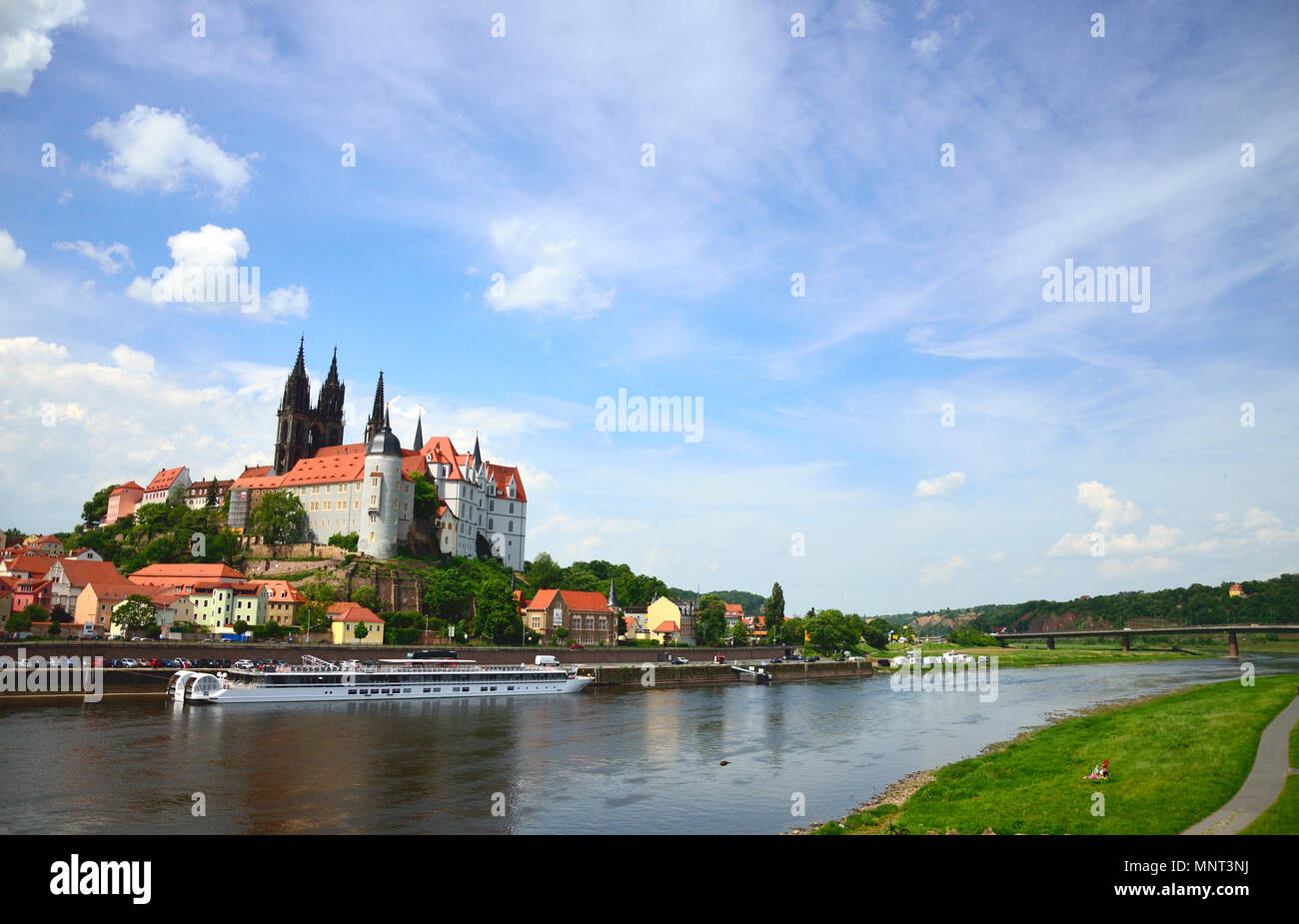 Medieval Albrechtsburg castle overlooking the Elbe river in Meissen ...