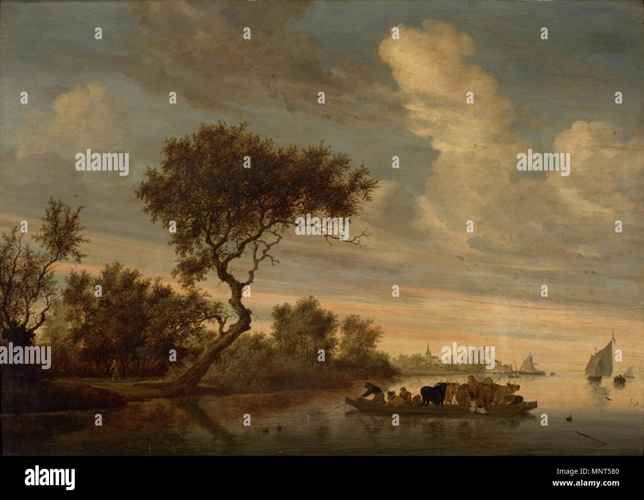 English: River Landscape with a Ferryboat Transporting Animals ...