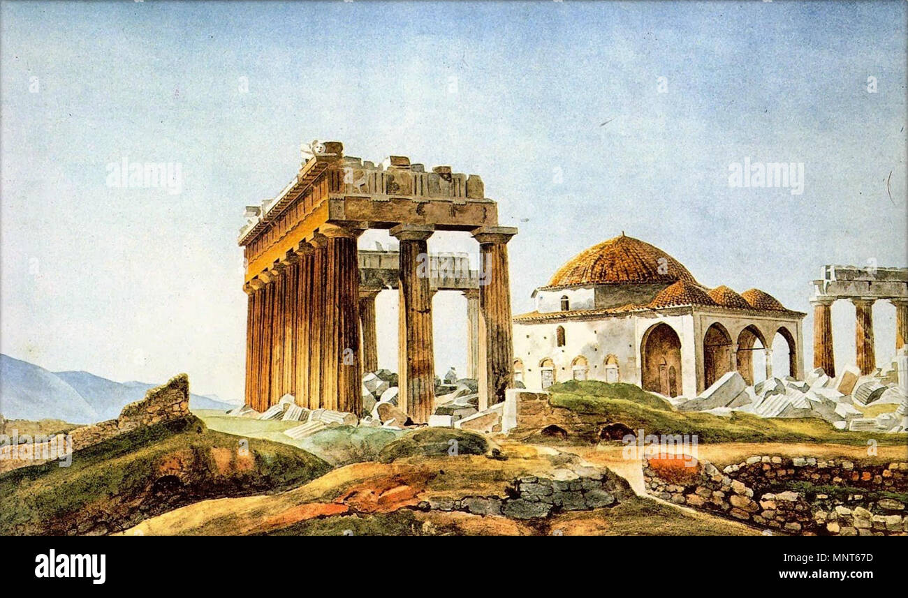 English: The Ottoman mosque built in the ruins of the Parthenon after ...