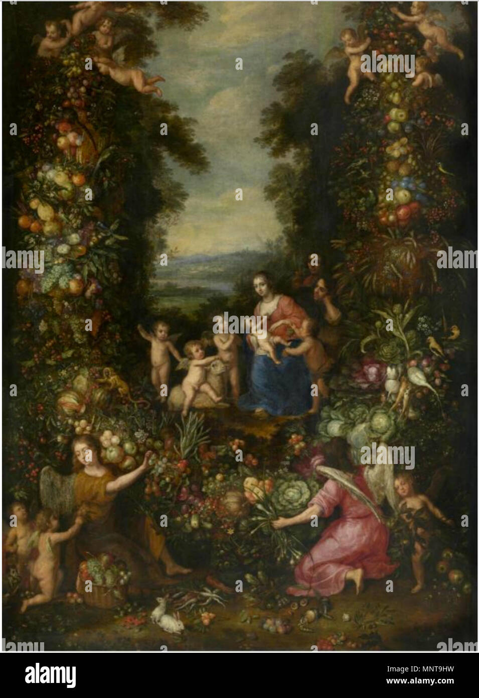 The Holy Family in a garland of flowers, vegetables and fruit circa ...