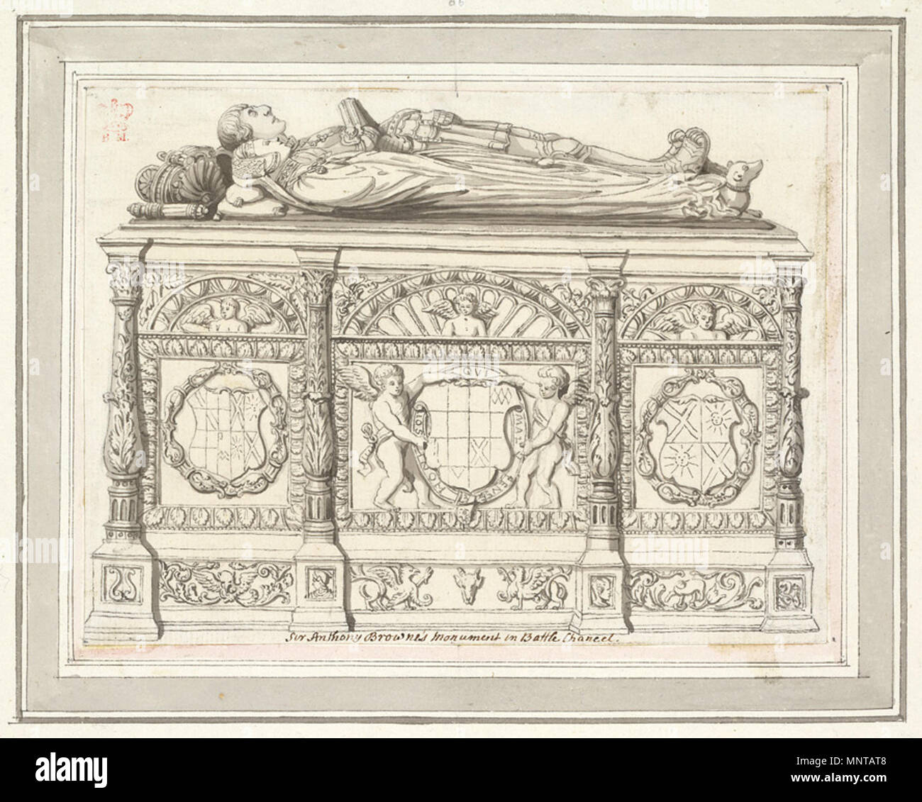 English: Battle Church, Pillars . Showing the monument to Sir Anthony ...