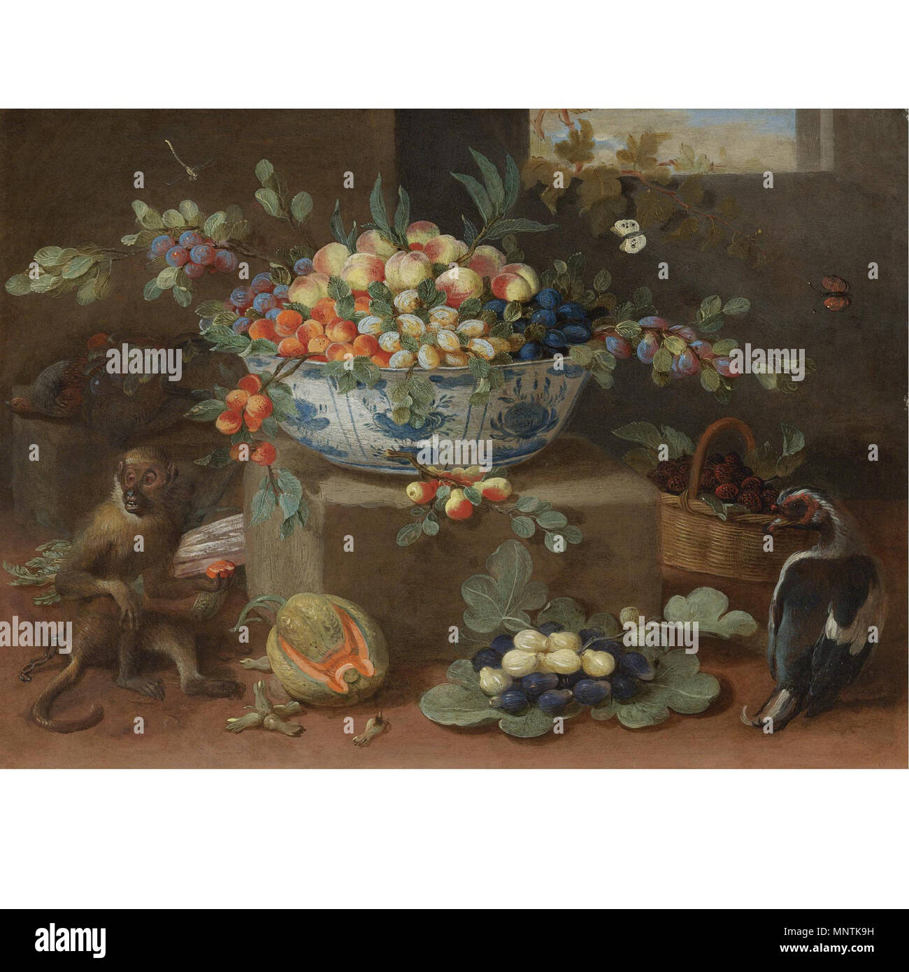 Still life of fruit in a porcelain bowl, with a monkey and a bird after ...