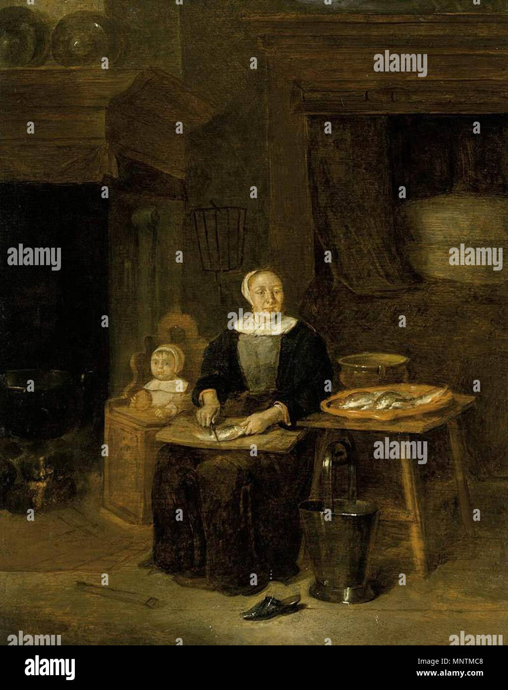 English: A Woman Scaling Fish 1666. 1036 Quiringh van Brekelenkam - A ...