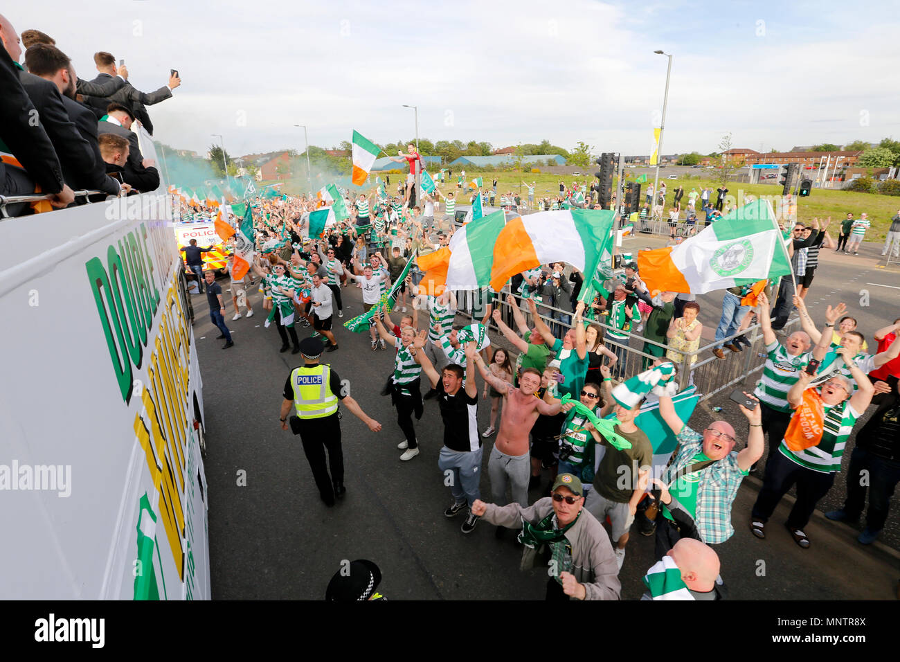 Fans line the streets during the parade at Celtic Park, Glasgow Stock ...