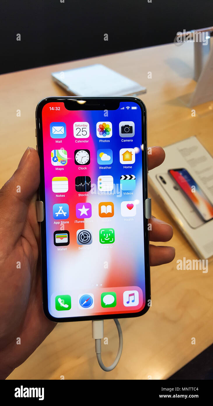 BANGKOK, THAILAND - NOVEMBER 25, 2017: iPhone X is showing at iStudio Shop Siam Paragon shopping ...