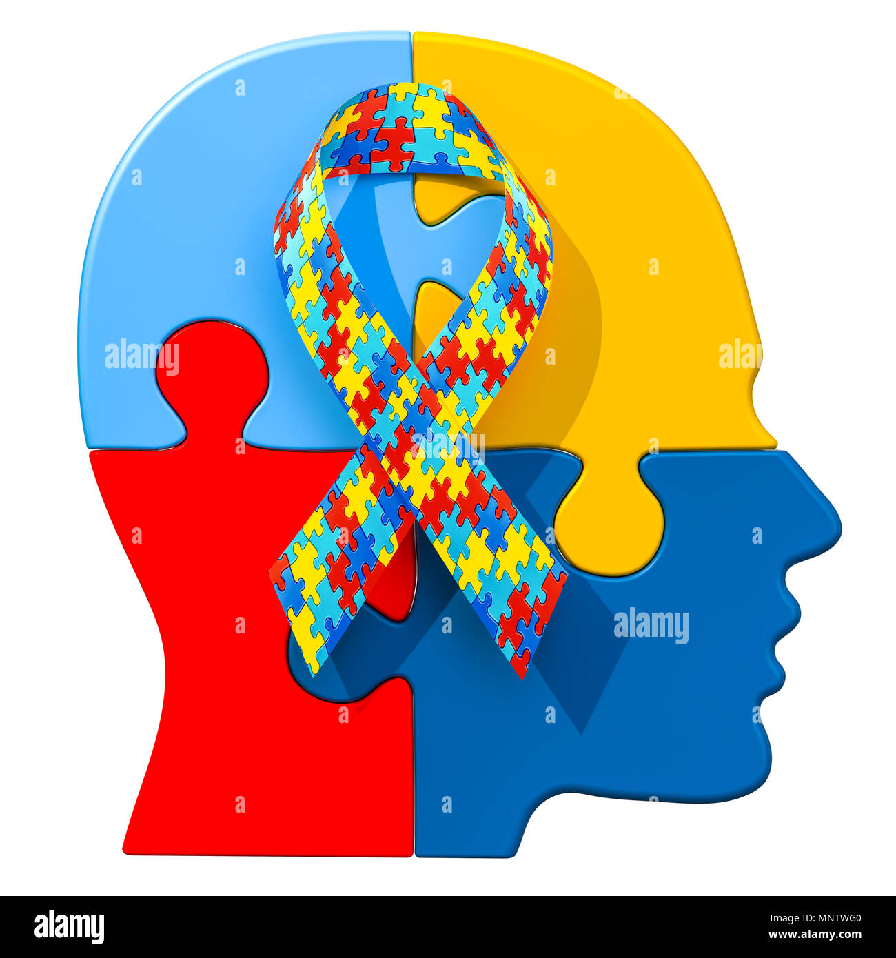 Autism awareness ribbon on the human head from puzzles. 3D rendering ...