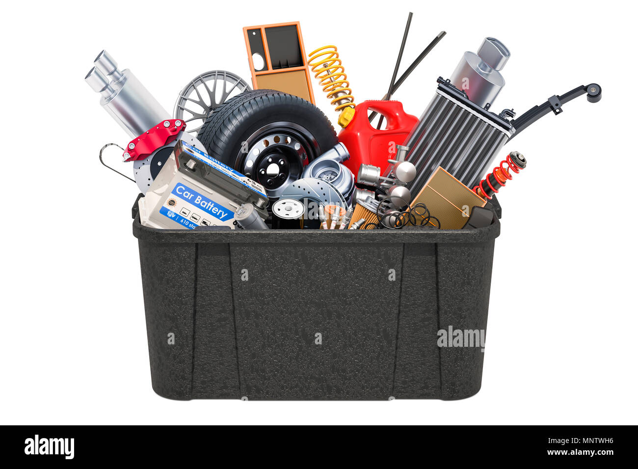 Black plastic box full of car parts with magnifying glass, 3D rendering ...