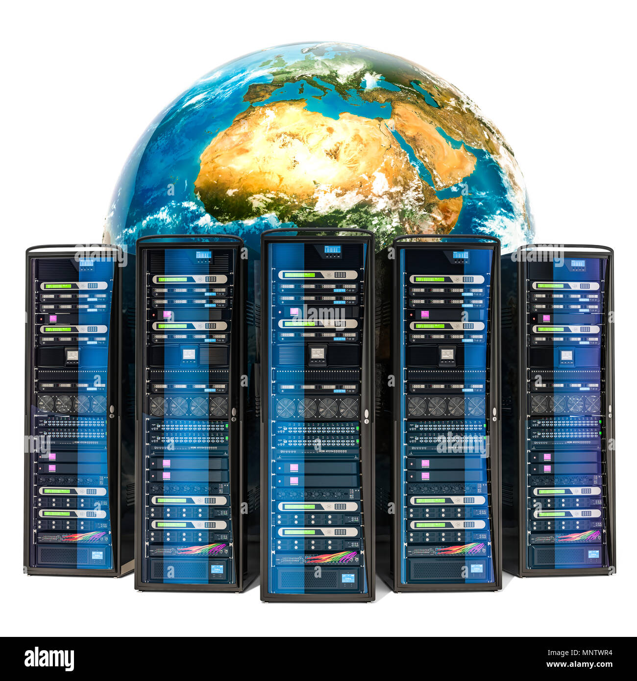 Earth Globe with server racks. Global internet concept, 3D rendering ...