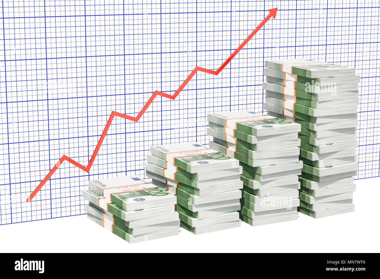 Euro packs with growing chart, 3D rendering isolated on white ...