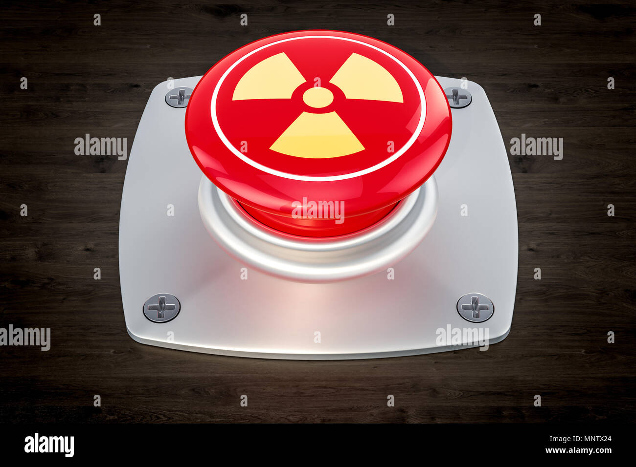 Nuclear button, radiation push-button on the wooden table, 3D rendering ...