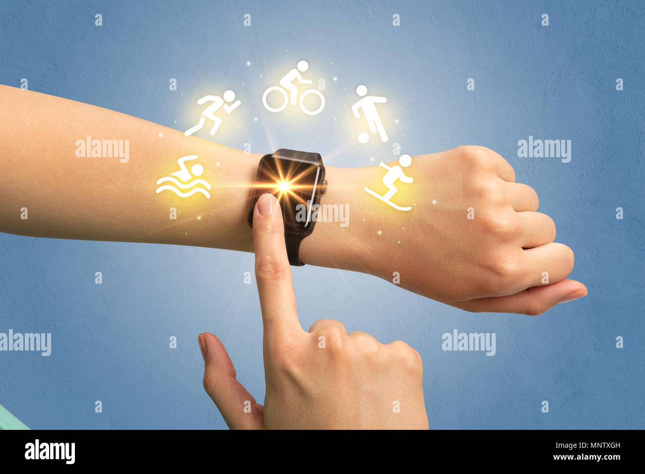 Female hand with smartwatch and sport concept Stock Photo - Alamy
