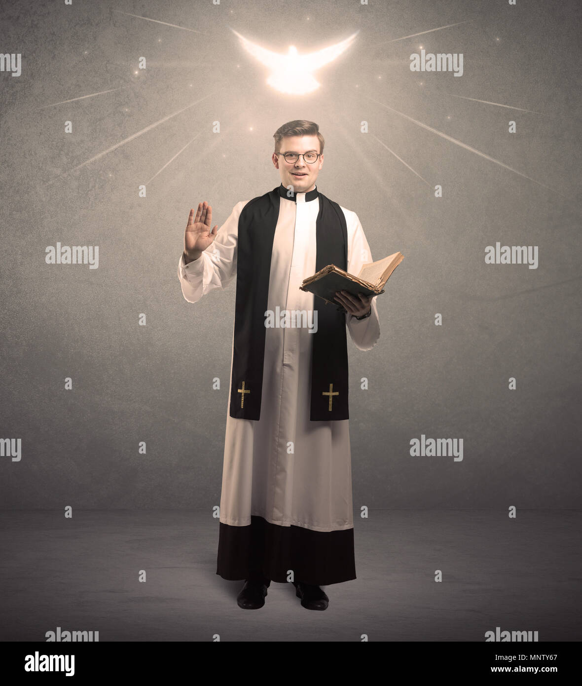A holy priest reading a prayer from the holy bible with illustrated ...