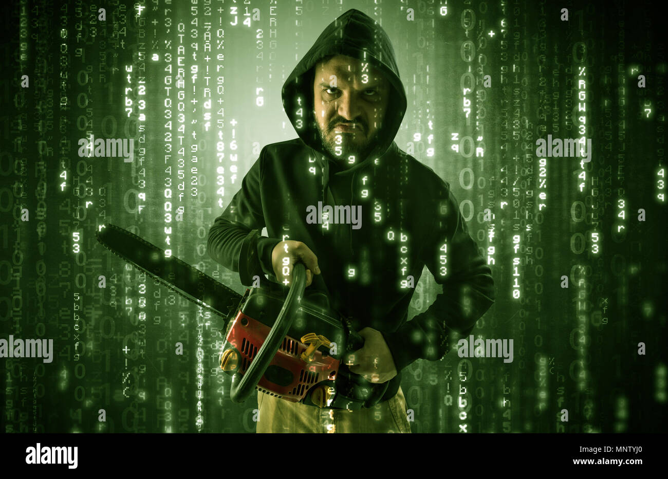 Masked and armed anonymous hacker breaking in cyber security cloud data ...