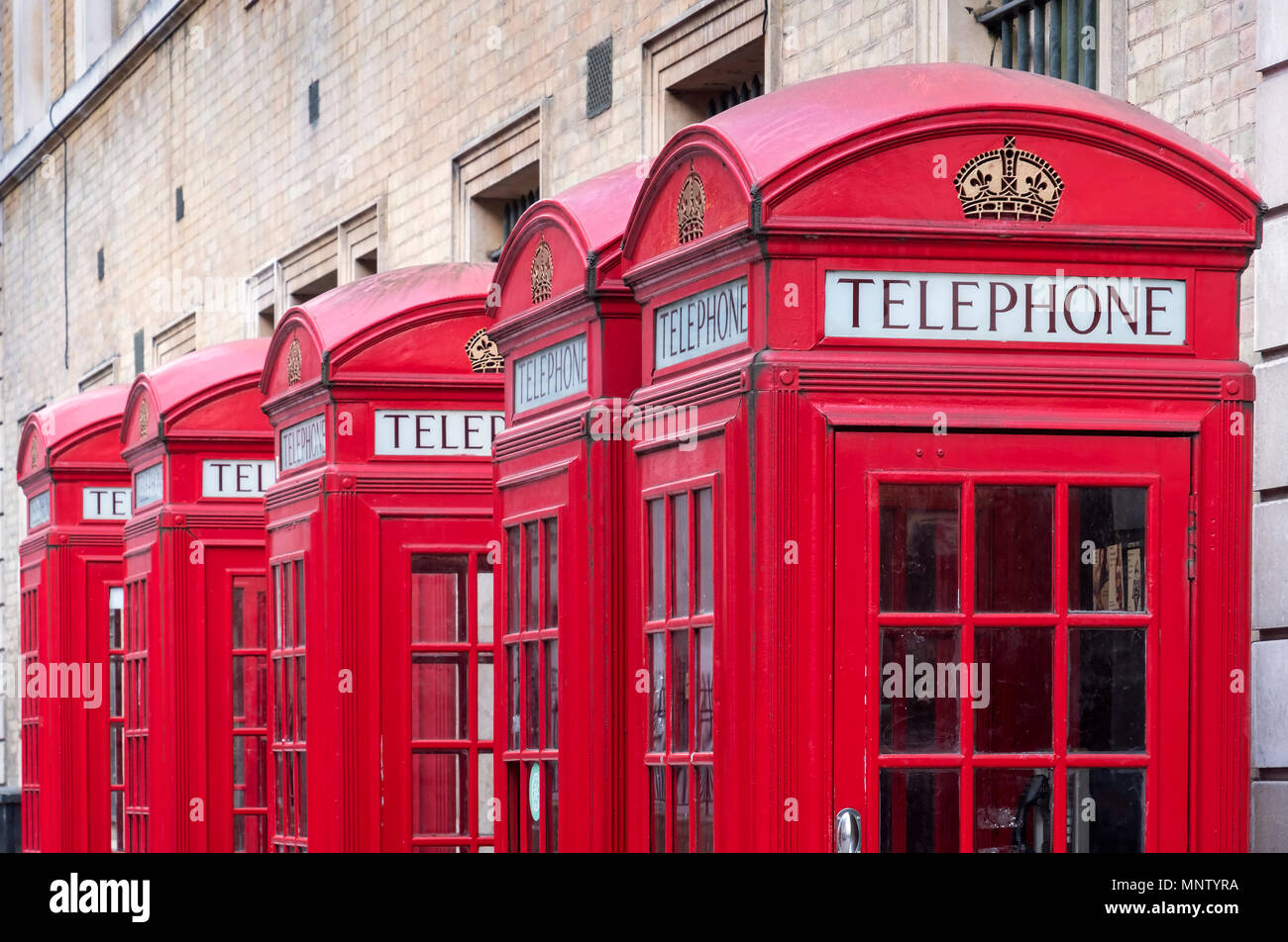 A Row of Red British Telephone Boxes, London, England, UK Stock Photo ...