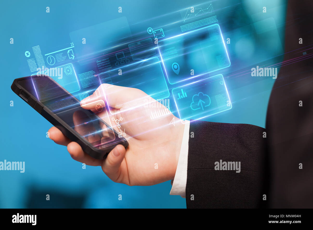 Hand using phone with database reports and online work concept Stock ...