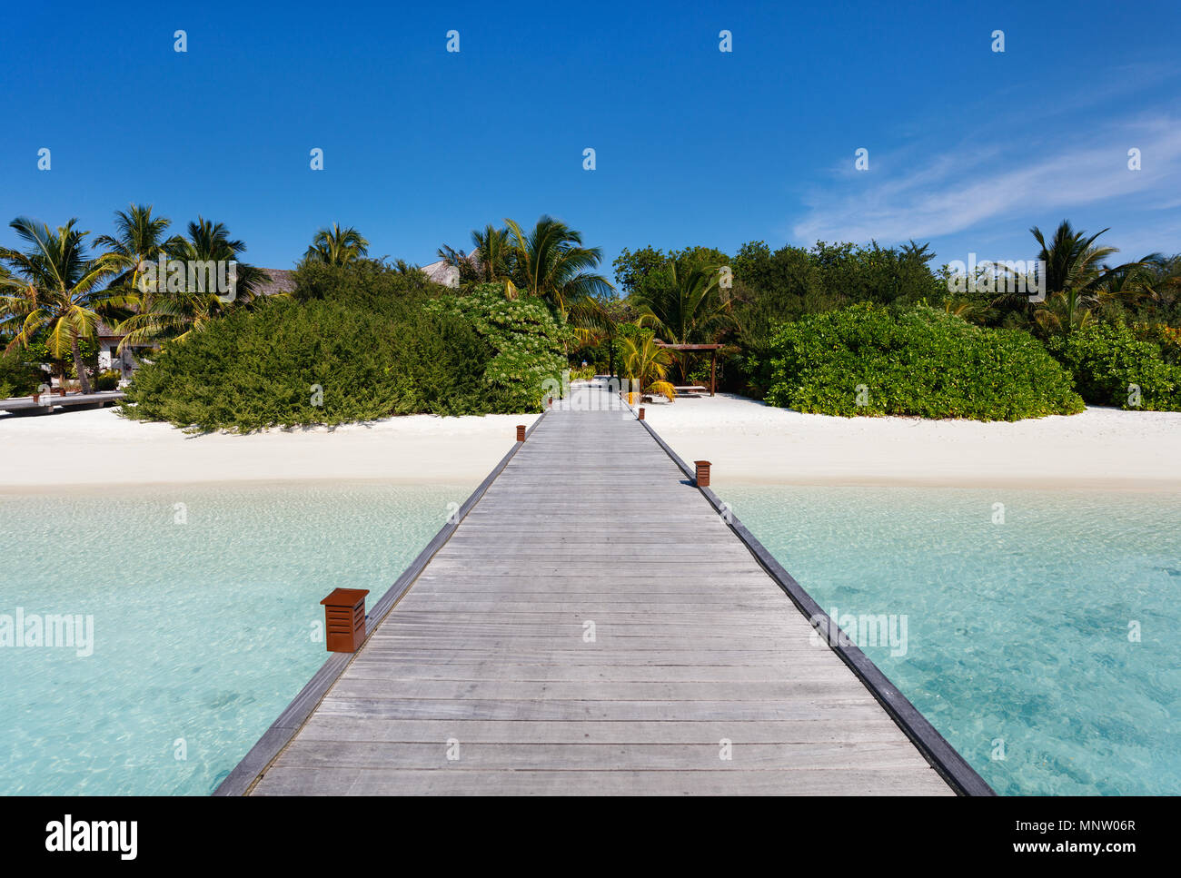 Wooden pathway leading to beautiful tropical island Stock Photo - Alamy