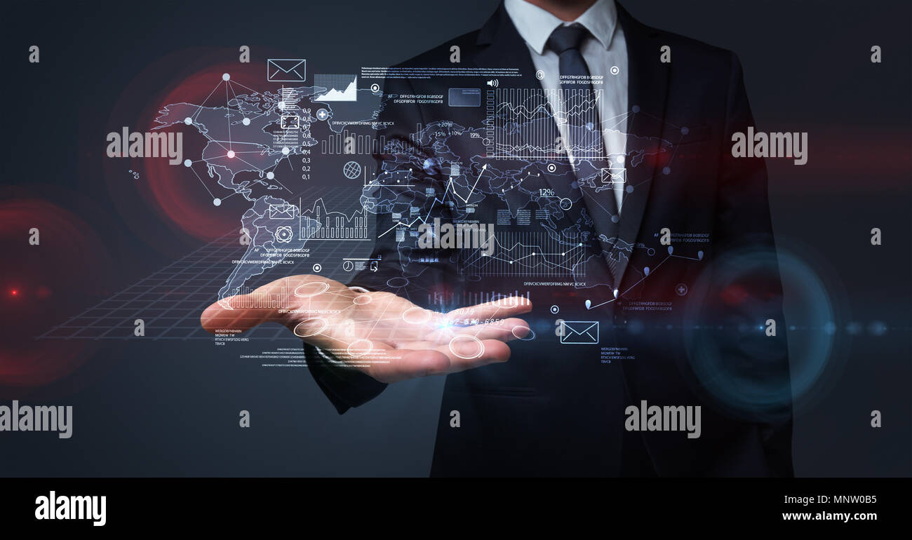 Communicational concept with businessman body and hand in background ...