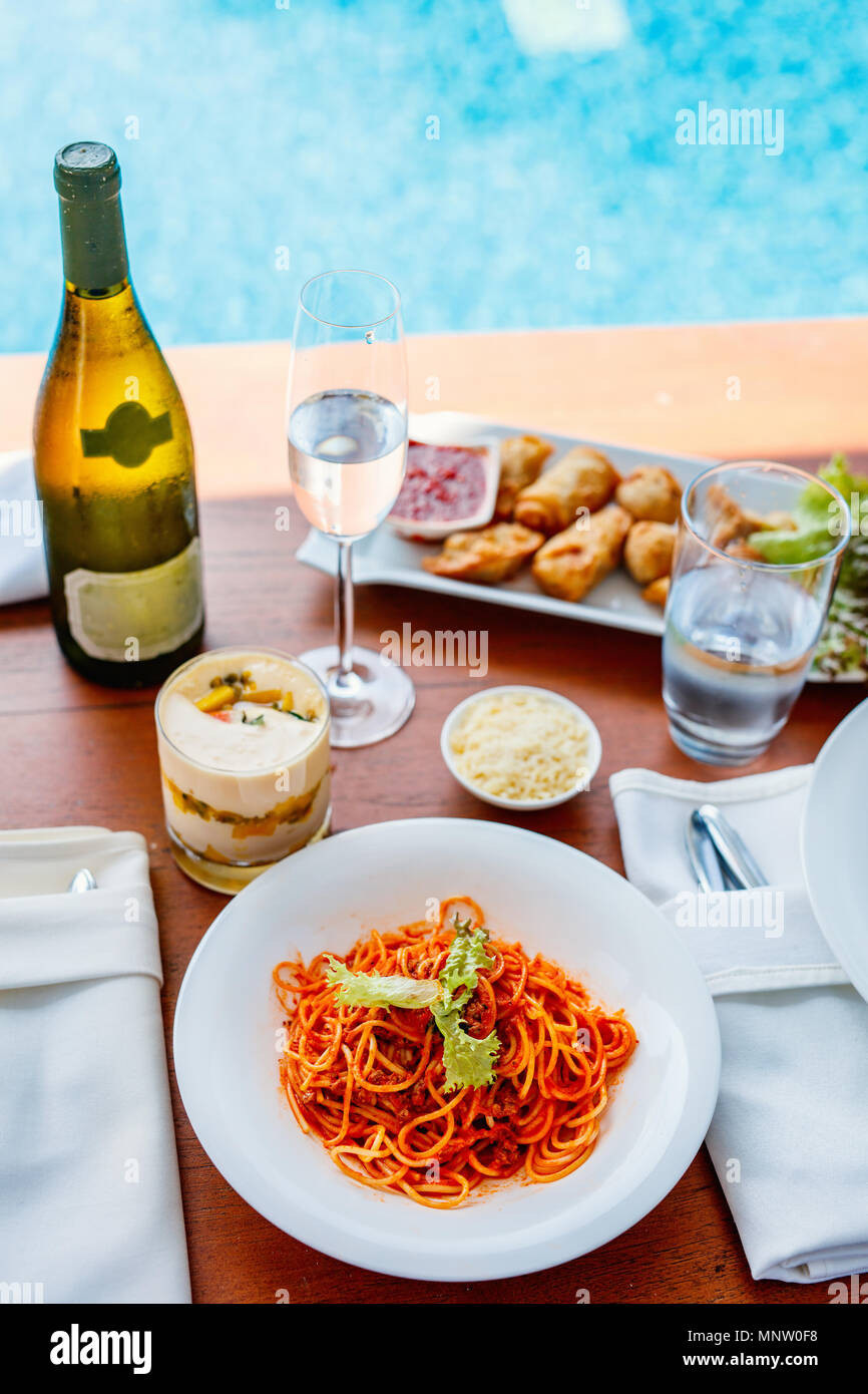 Delicious spaghetti bolognese served for lunch at luxury resort or ...