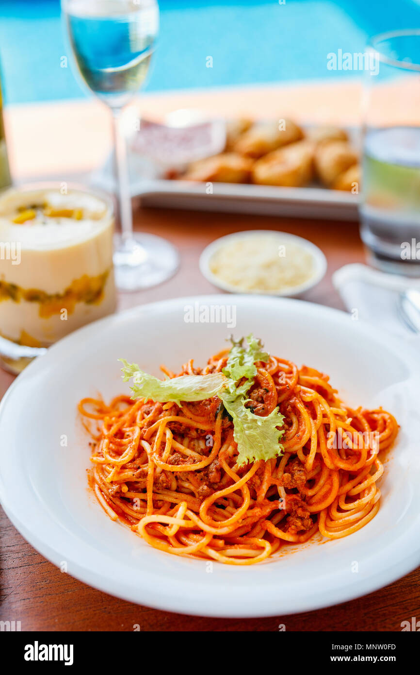 Delicious spaghetti bolognese served for lunch at luxury resort or ...
