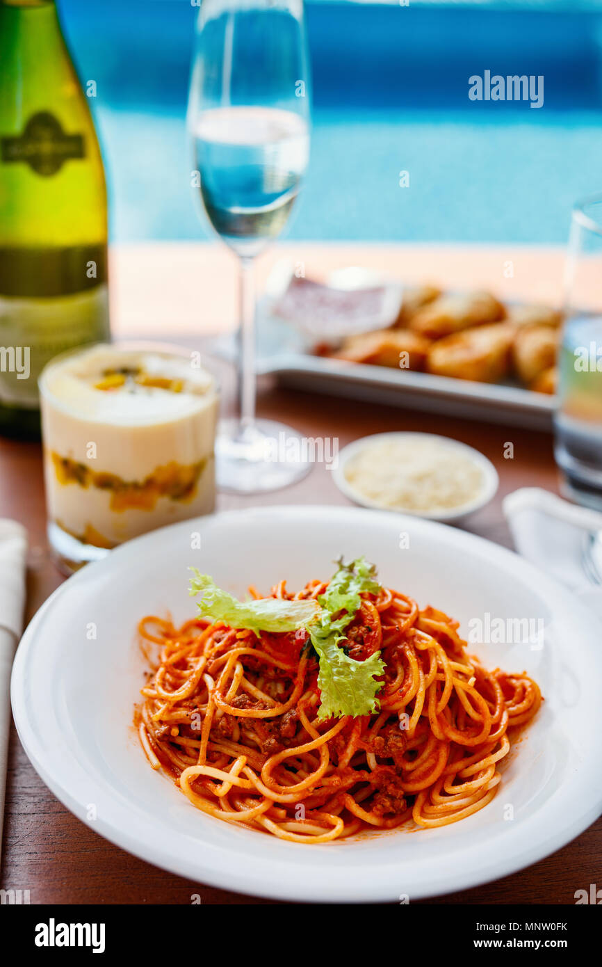 Delicious spaghetti bolognese served for lunch at luxury resort or ...