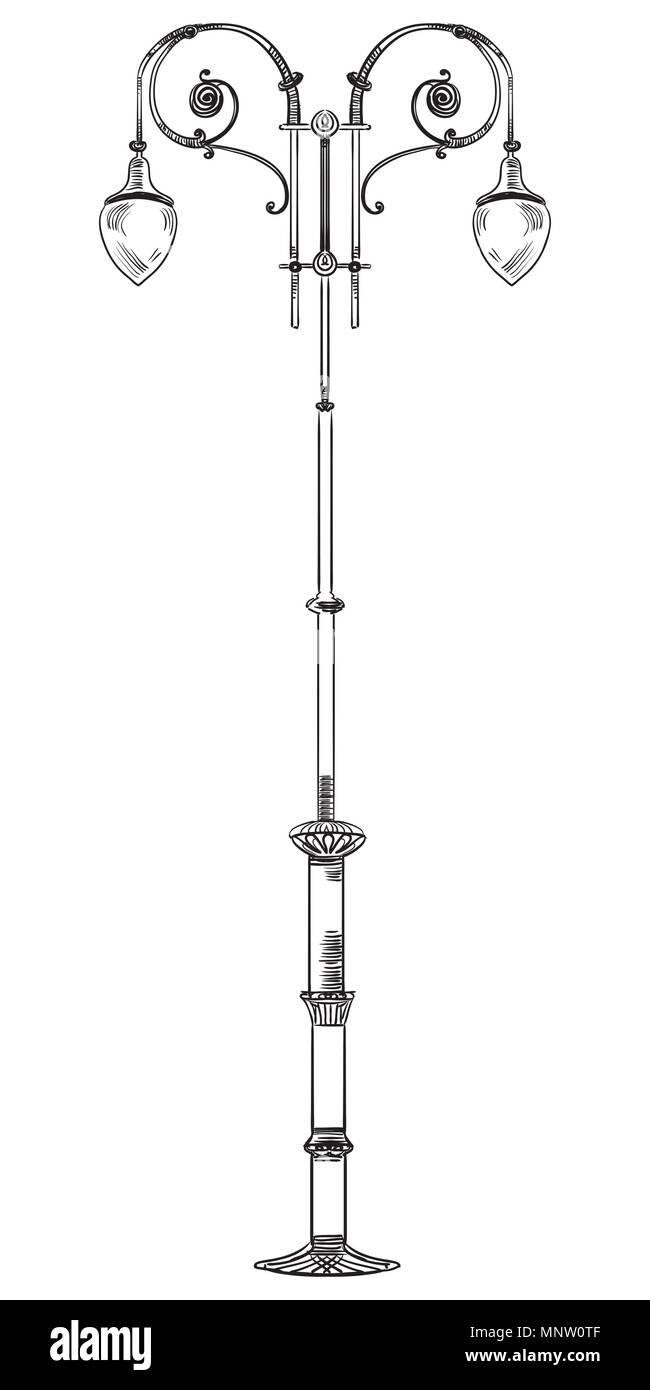 Hand drawing old street lamp vector monochrome illustration in black ...