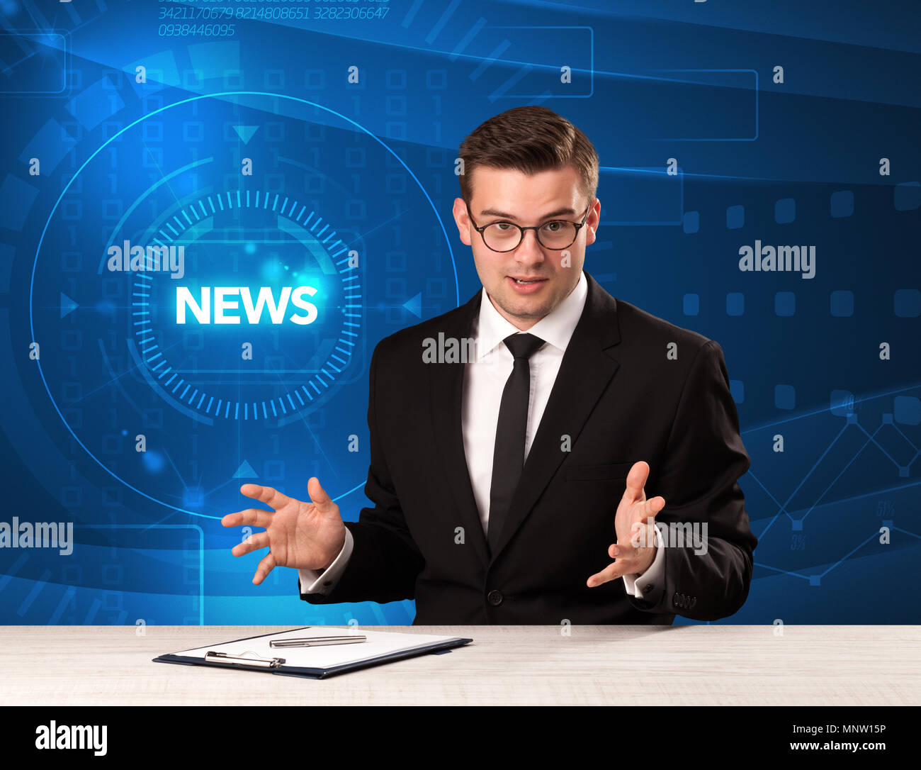Modern televison presenter telling the news with tehnology background ...
