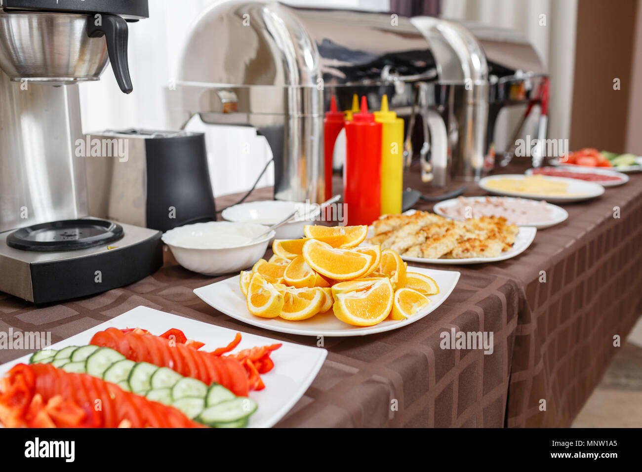 Buffet heated trays ready for service. Breakfast in hotel smorgasbord ...