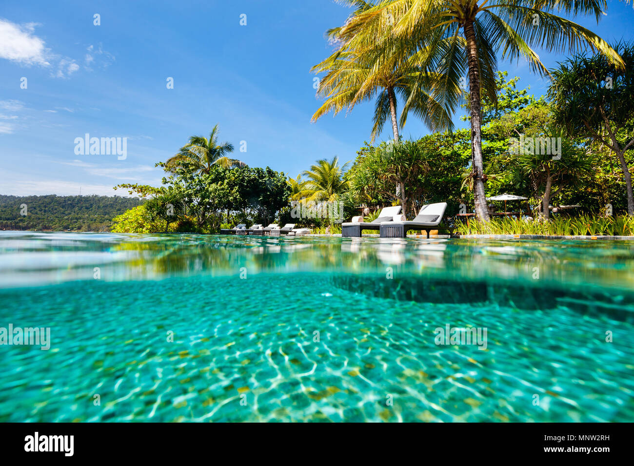 Split underwater photo of a beautiful swimming pool in luxury resort ...