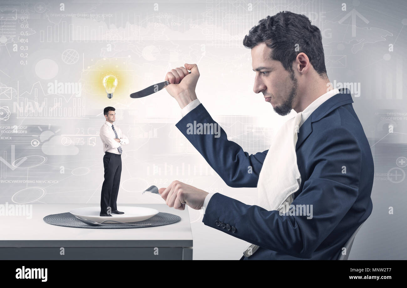 Giant businessman eating small man with financial background Stock ...