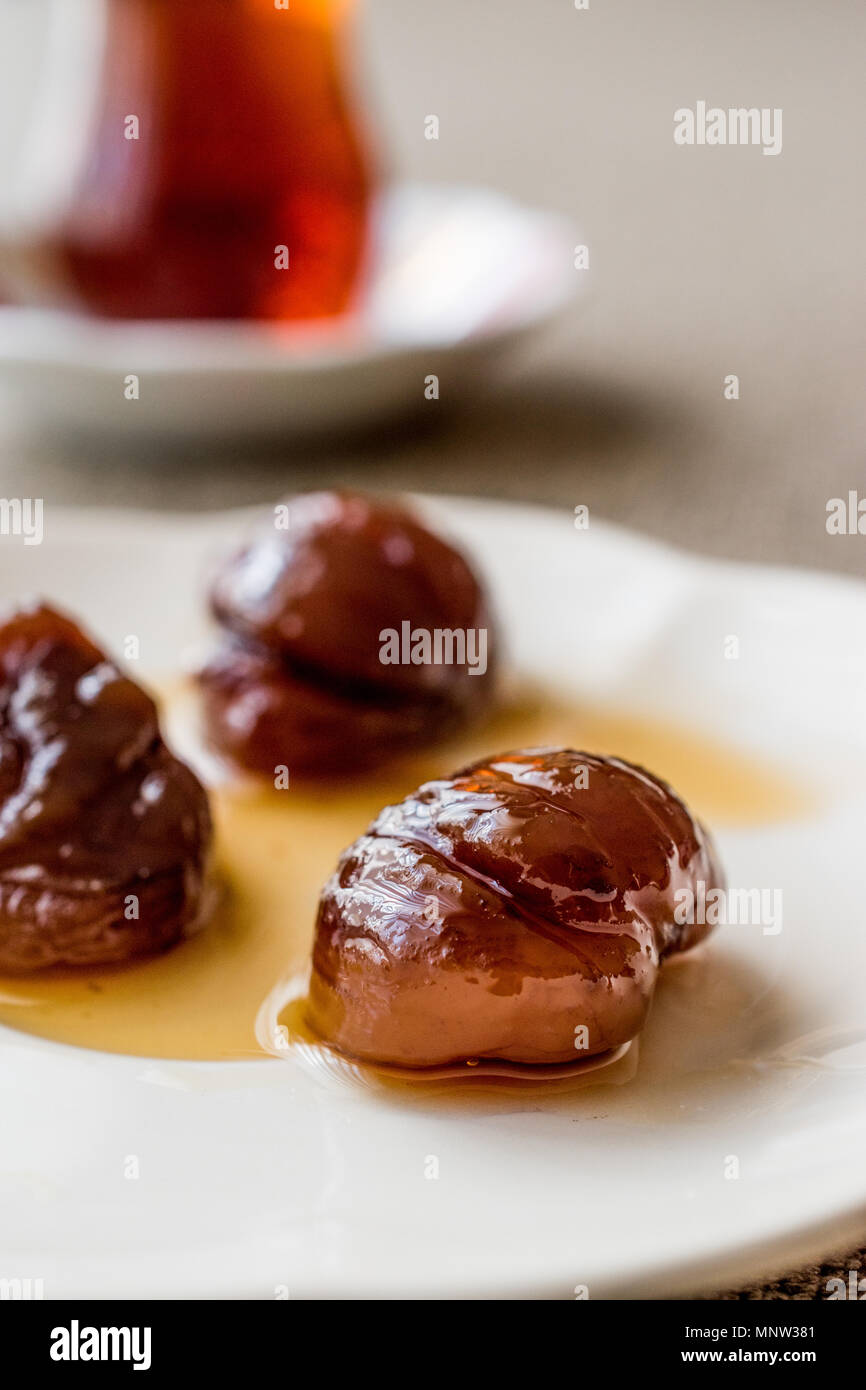 Turkish Chestnut Dessert with tea / Kestane sekeri. Traditional food ...
