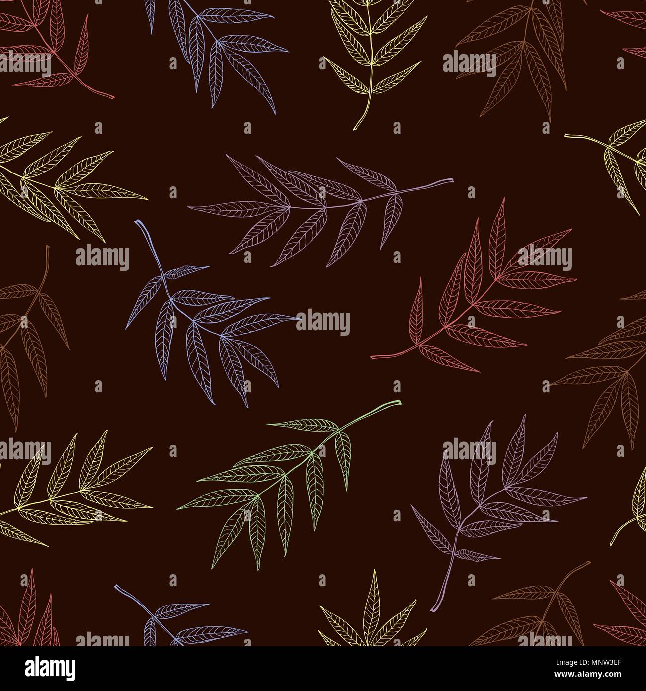 Seamless pattern of leaves mountain ash in pastel colors on a dark ...