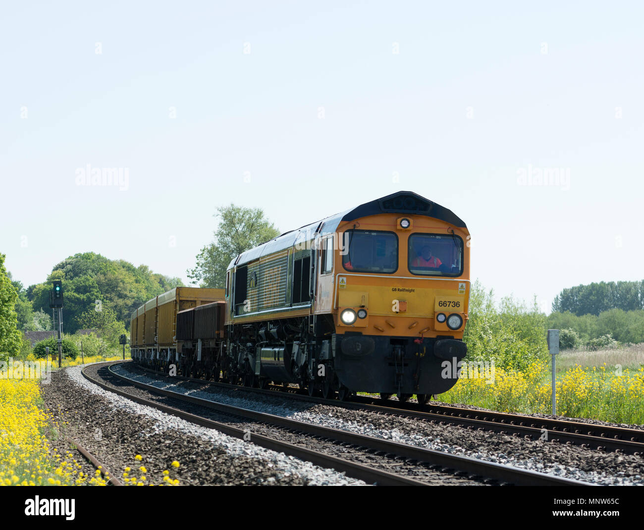 GBRf freight train pulled by a class 66 diesel locomotive near King`s ...
